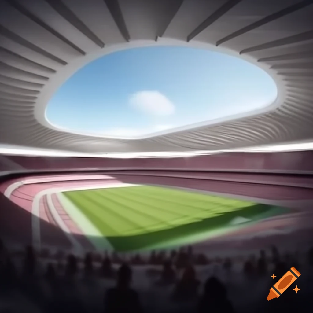 A striking photorealistic view of a modern, colossal stadium with a ...