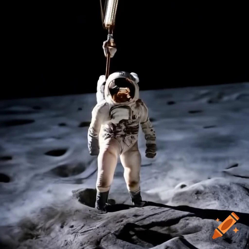 Astronaut suspended from crane on moon's surface with reflection of man ...