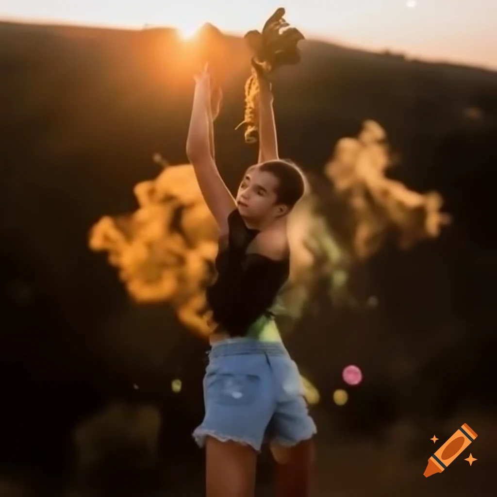 Petite dancer in denim shorts and black t-shirt at sunset, romantic ...