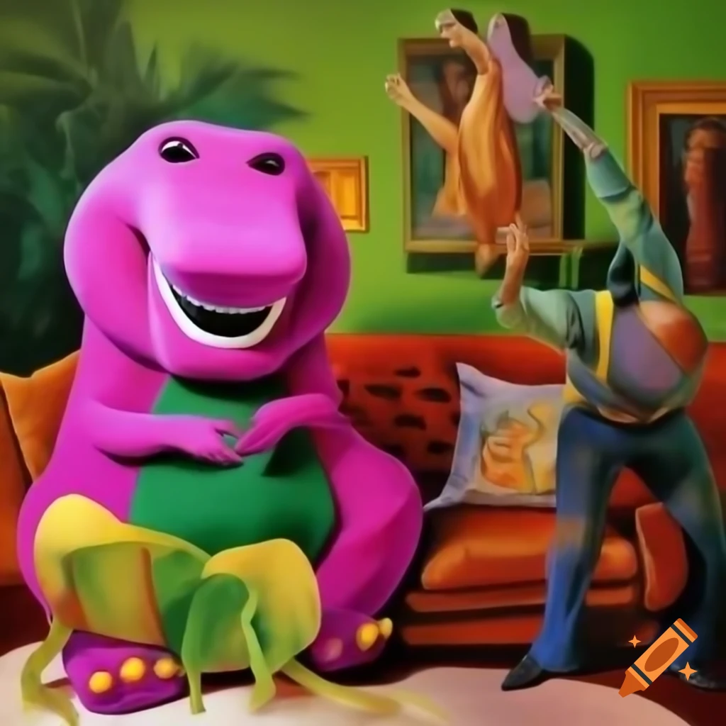 Realistic portrait of Barney the Dinosaur in natural environment, painted by Juan Cordero on Craiyon