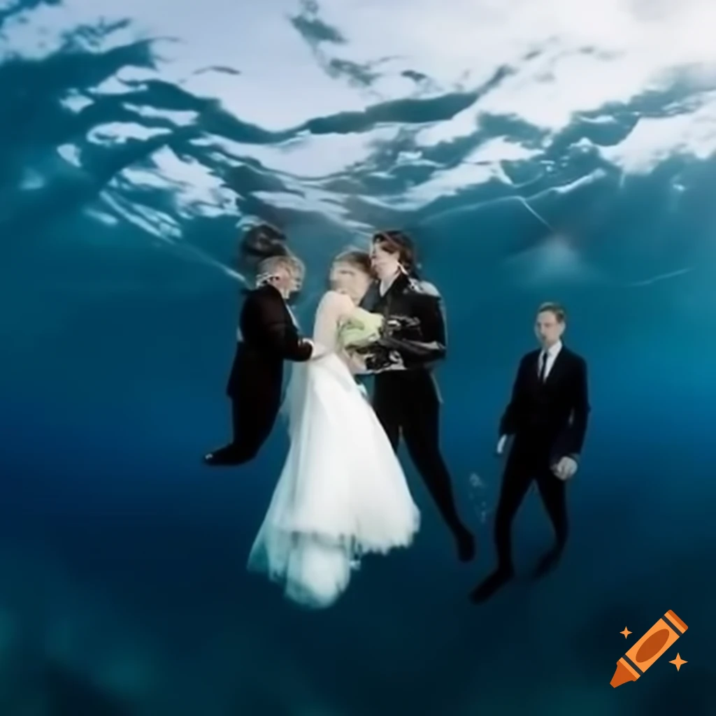Bride and groom getting married underwater with priest on Craiyon