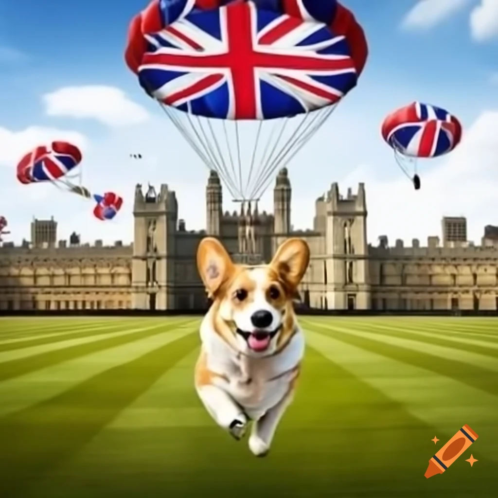 Corgi parachuting into palace grounds with british flags on Craiyon
