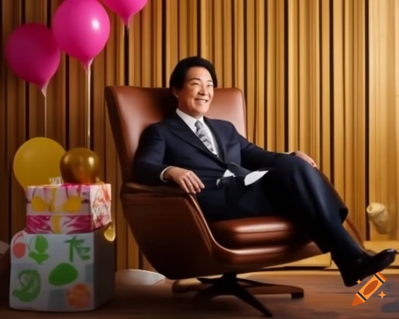 Japanese company boss seated on luxury chair with happy birthday decor ...