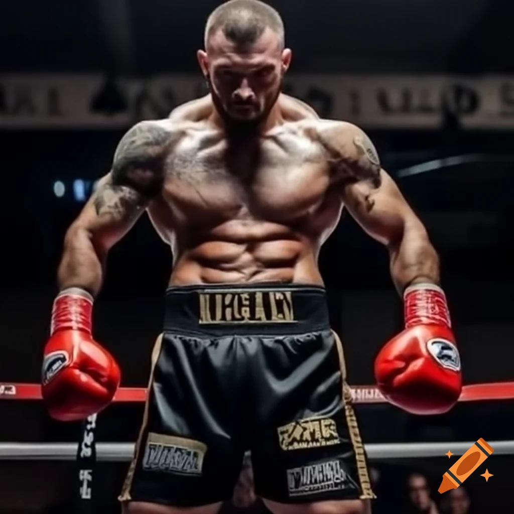 Muscular man in boxing ring with tattoos, wearing black shorts and ...