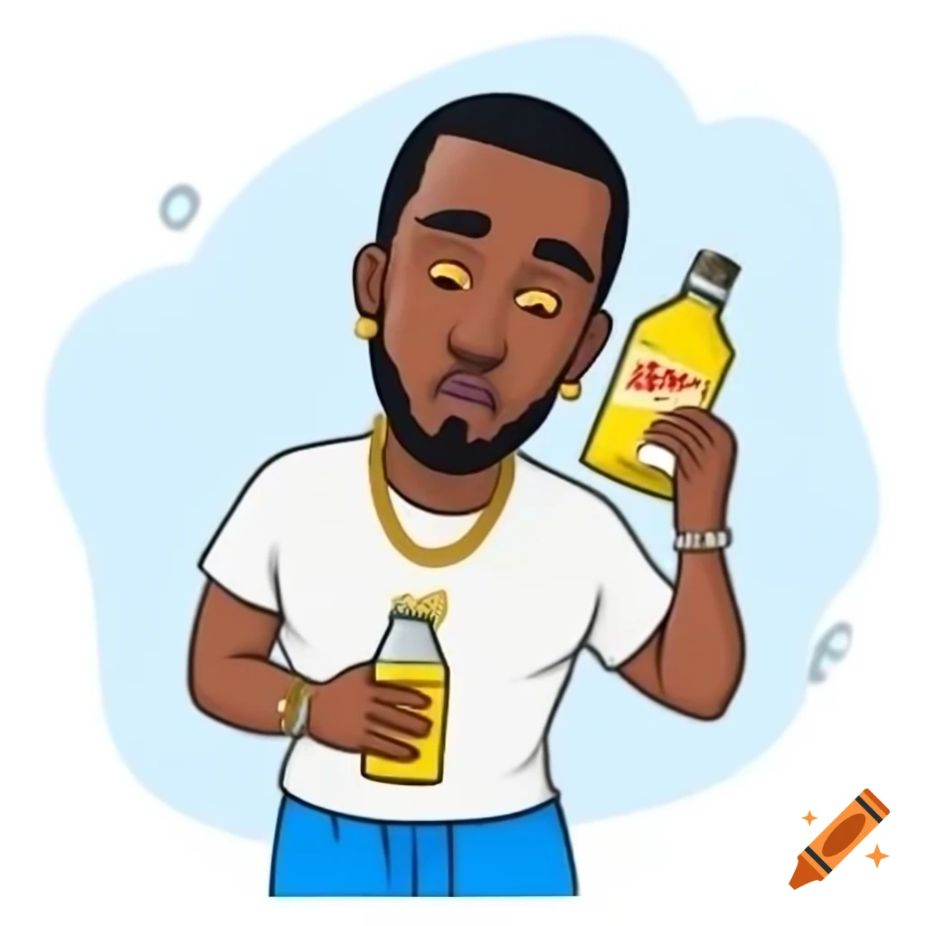 Cartoon version of Sean Combs holding baby bottle with dripping oil on ...
