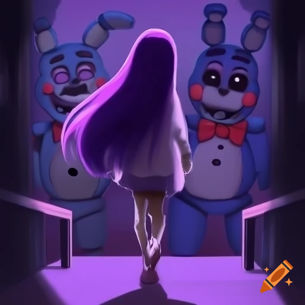 Girl with long violet hair walking with purple bunny in front on Craiyon