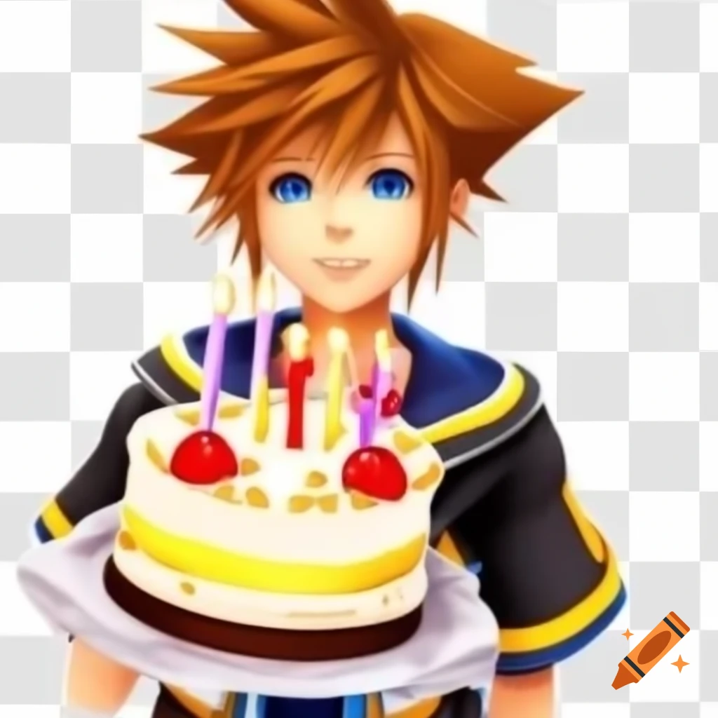 Sora holding a birthday cake with number 29 from Kingdom Hearts on Craiyon