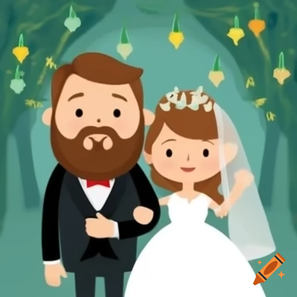 Cartoon of a bearded groom and bride in a playful style on Craiyon