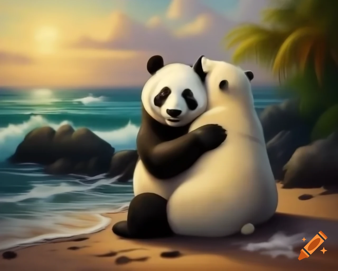 Cute Panda golden hour soaked by the lake, in animated style pixar ...