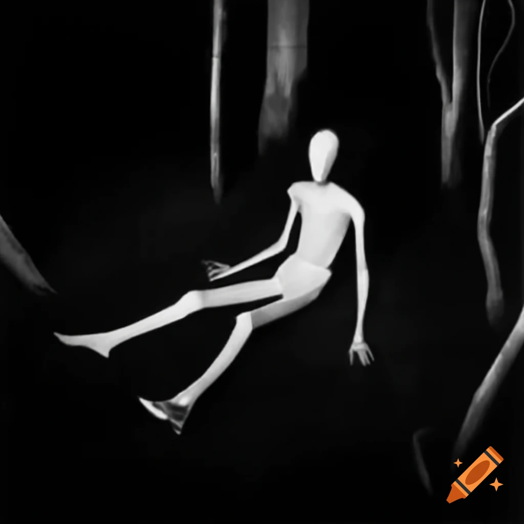 Tall slender figure with elongated limbs crawling in dark forest, 80s ...