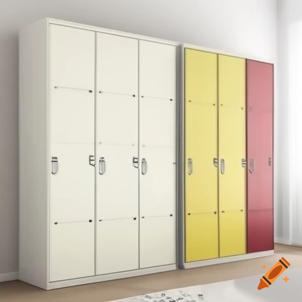 Stacked changing room lockers with five individual MDF doors on Craiyon