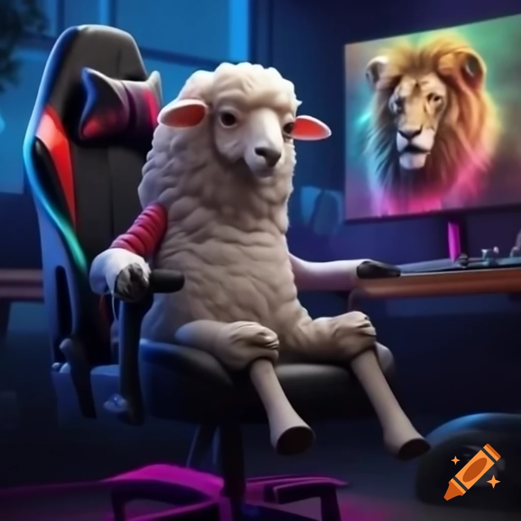 Sheep sitting on gaming chair next to a huge lion on Craiyon