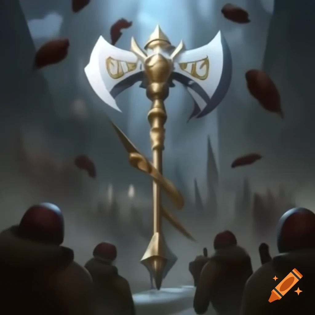 Floating mystical war hammer with white and gold design surrounded by ...