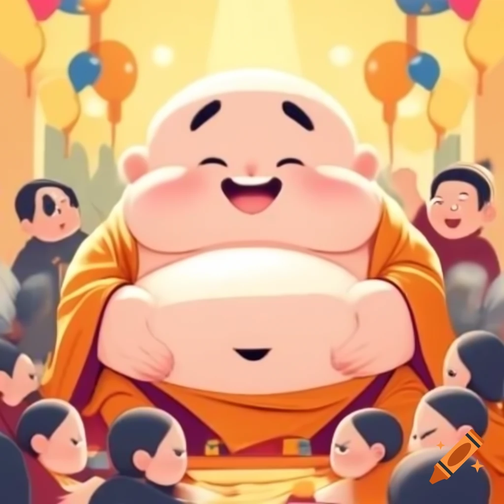 Chubby happy buddhist monk cartoon drawing at party with coworkers on ...