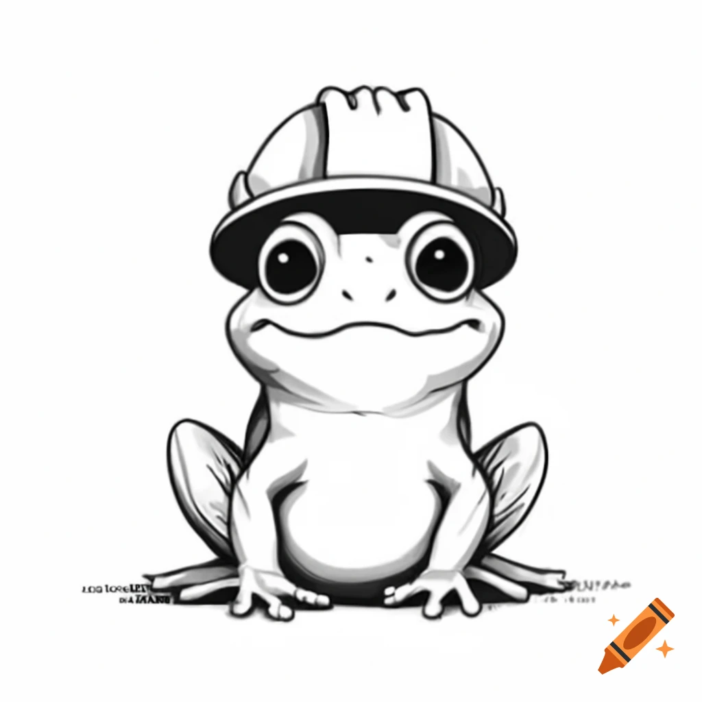 Cute frog in safety hardhat, black and white comic illustration on Craiyon