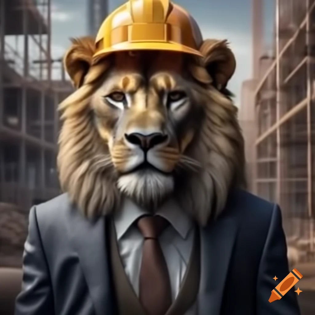Charismatic lion in suit and safety cap as civil engineer with construction site in background ...