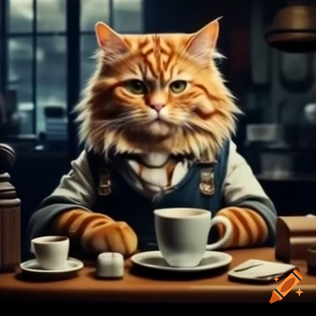 Whimsical orange tabby cat in stylish clothing working at coffee shop ...