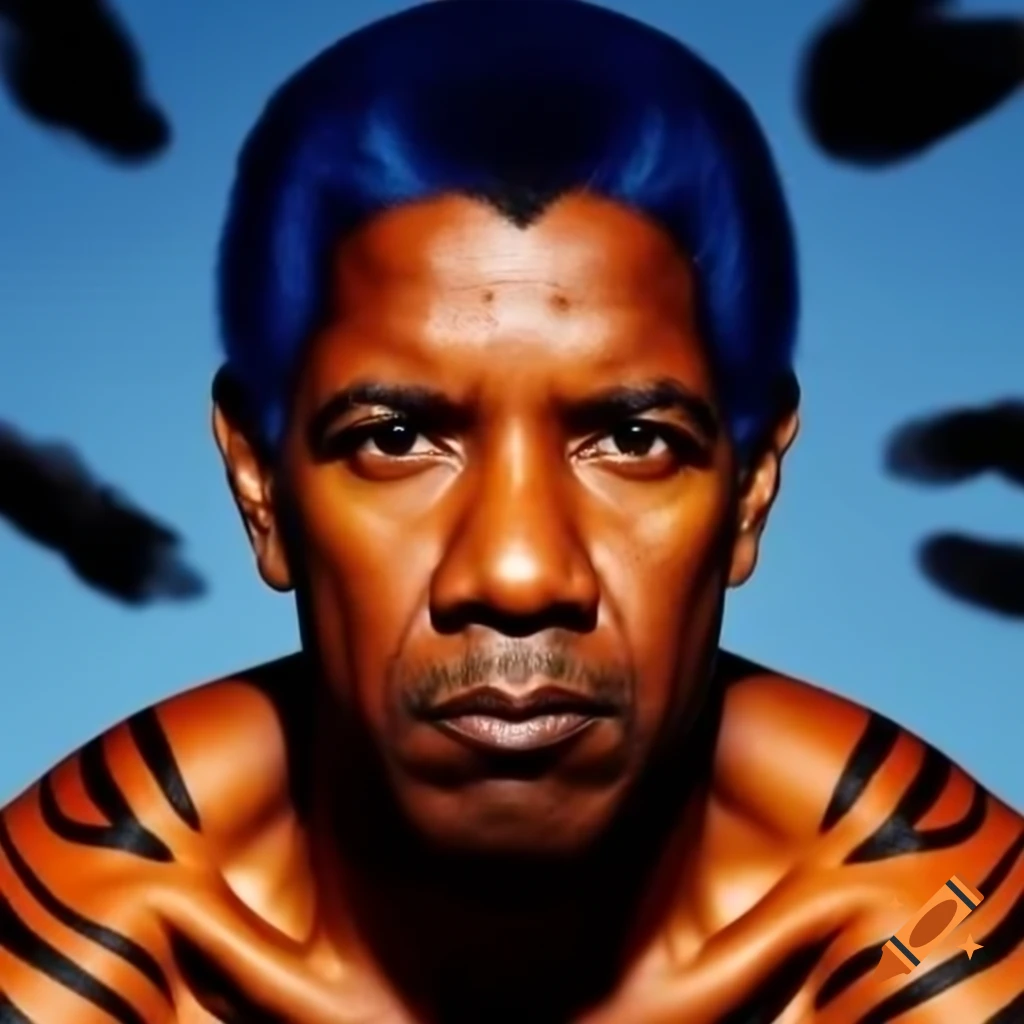 Muscular character with tiger-style makeup, blue hair and orange skin ...