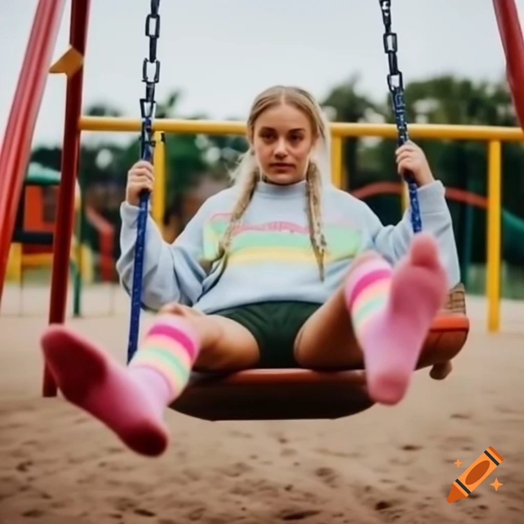 Woman swinging in playground with rainbow socks and pink and white foot bottoms visible on Craiyon