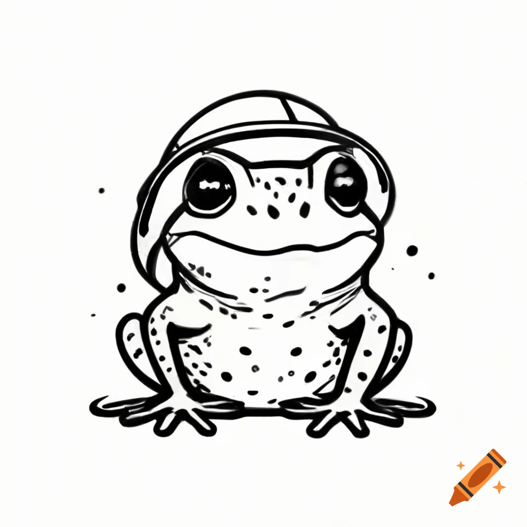 Black and white comic illustration of a frog wearing a hardhat on Craiyon