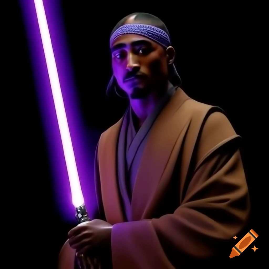 Tupac Shakur in Jedi robe holding a purple lightsaber on Craiyon