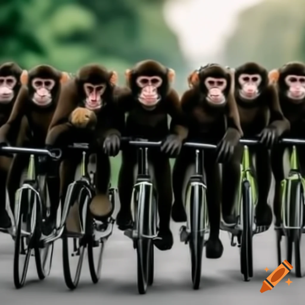 Four monkeys dressed in black riding bicycles on Craiyon