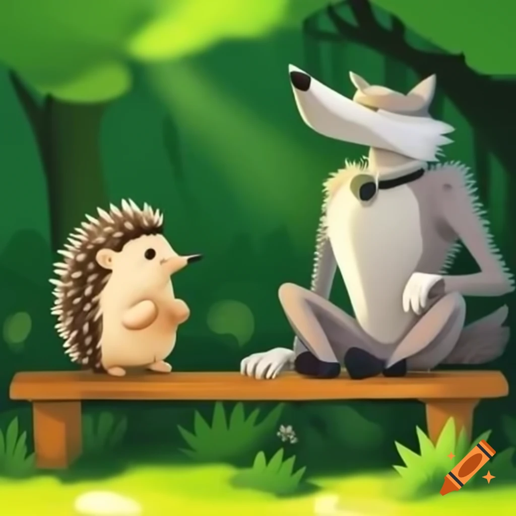 Hedgehog and woodpecker conversing in a forest, classic cartoon style ...