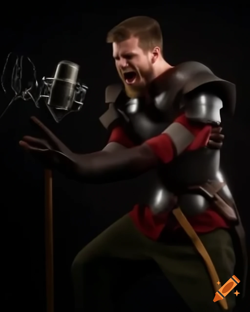 Voice actor in medieval armor expressing intense emotions in studio on Craiyon