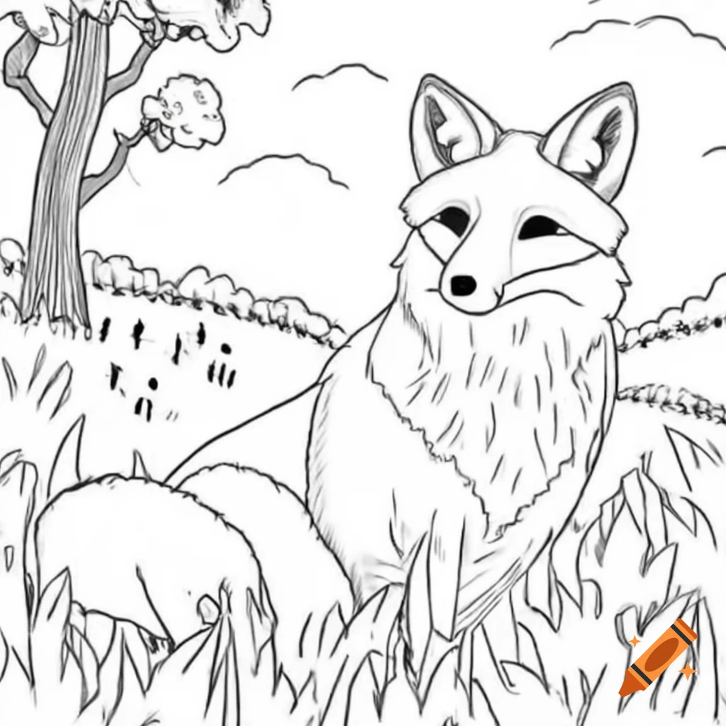 Black and white adult coloring page featuring a fox in a meadow with ...
