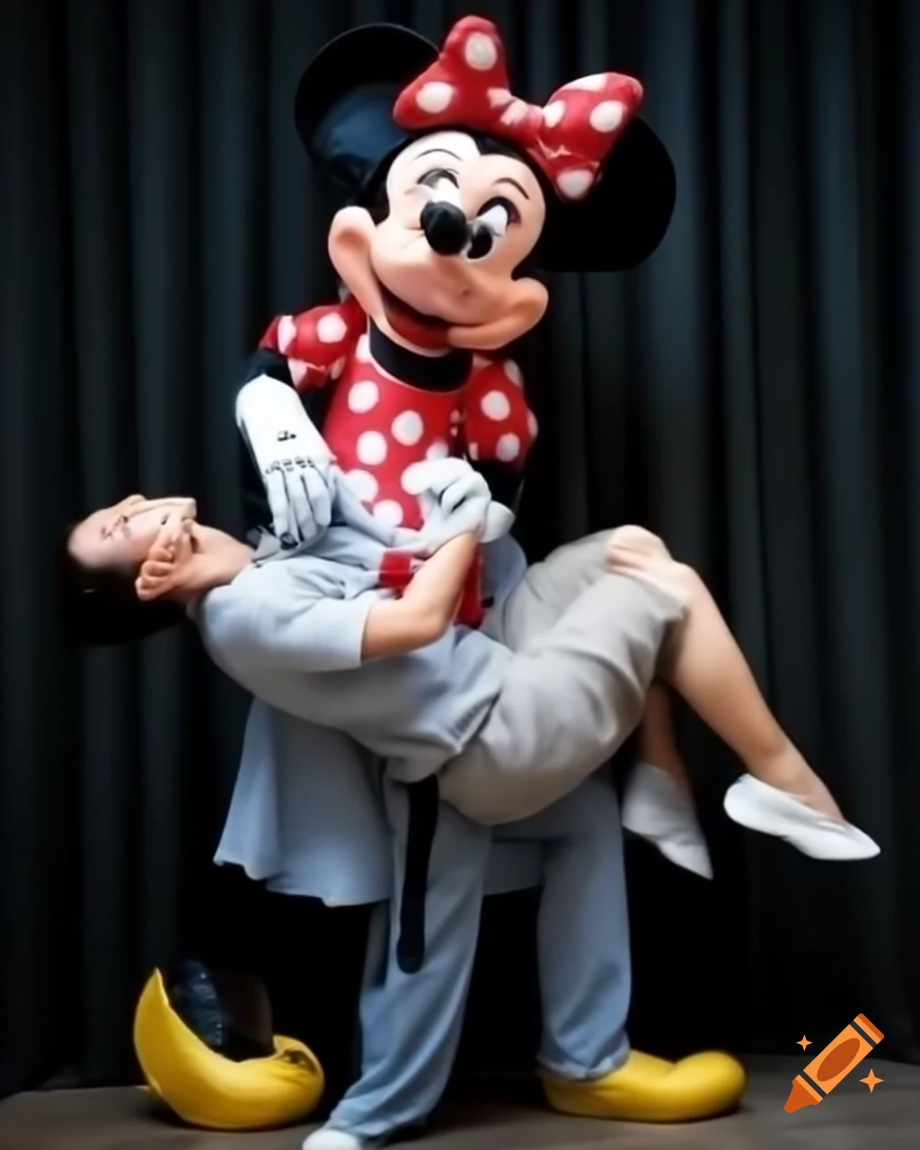 Young man asking minnie mouse mascot to sit on her lap in bright room ...