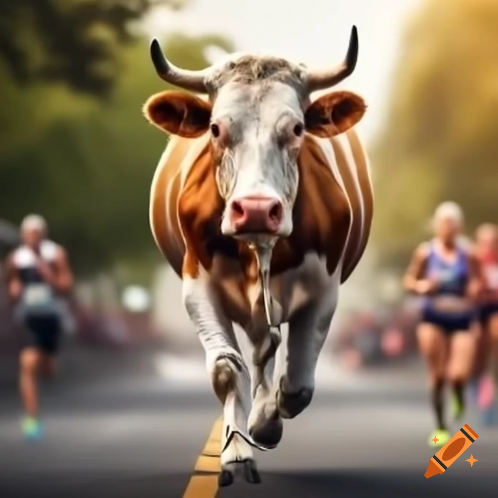 Giant cow running at high speeds in pursuit of a character reminiscent ...