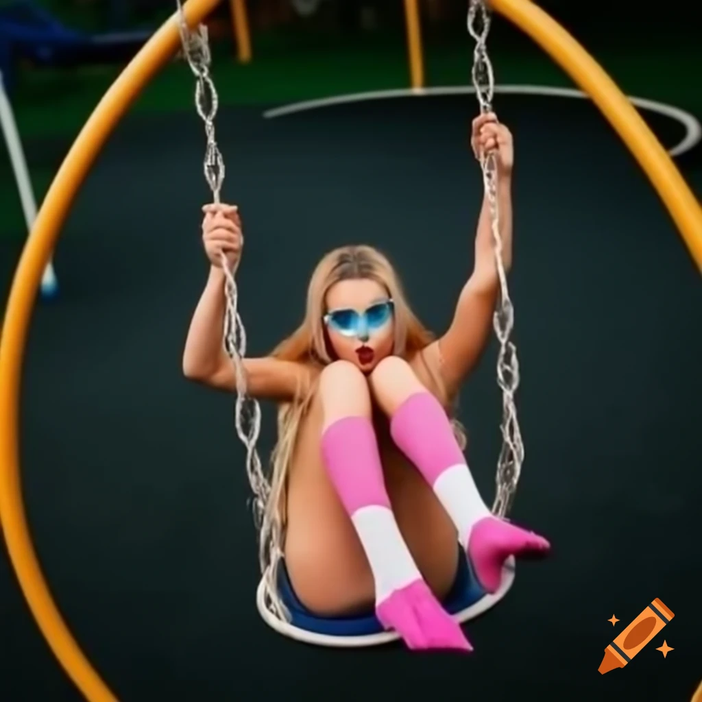 Woman swinging in playground wearing pink and white socks with blue eye shadow on Craiyon