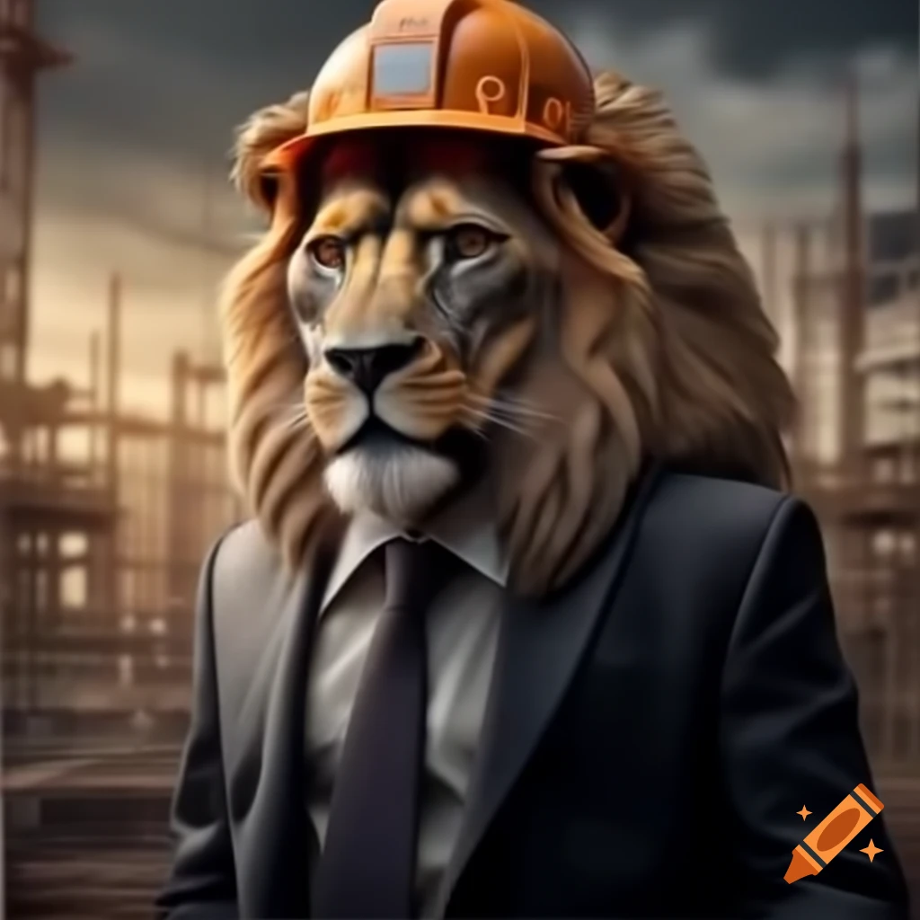 Charismatic lion in suit and safety cap as civil engineer with ...