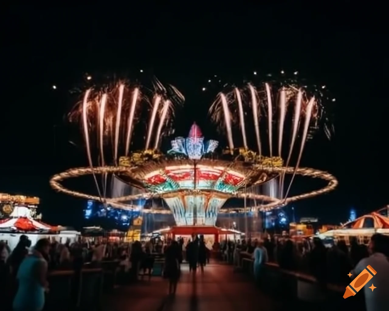 Amusement park at night with full moon and fireworks, people enjoying on Craiyon