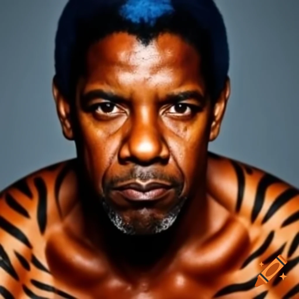 Muscular person resembling Denzel Washington with tiger-style makeup ...