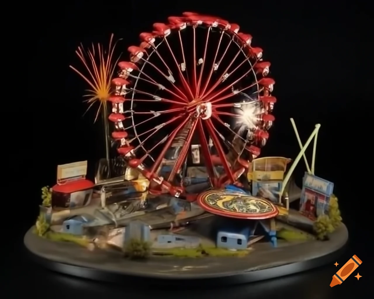 Post-apocalyptic amusement park scene with fireworks, miniature diorama ...