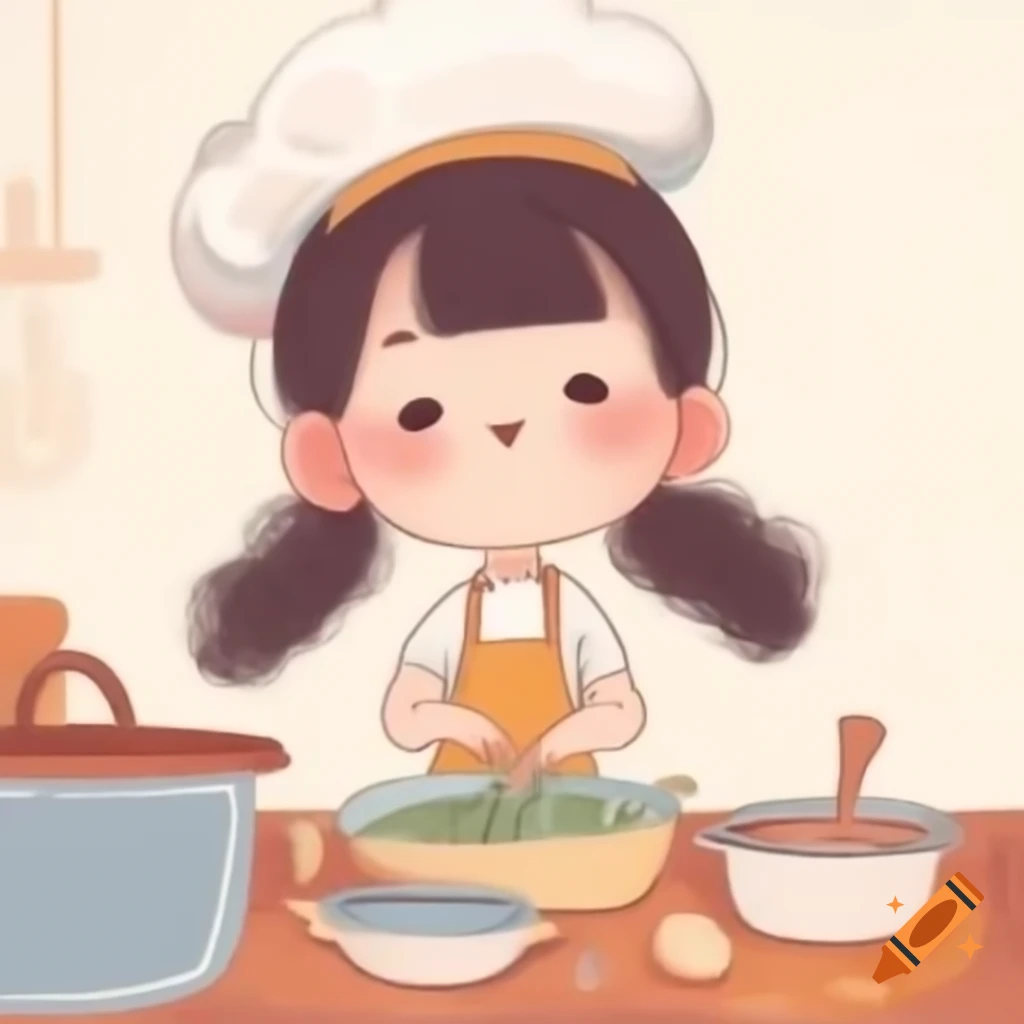 Cute girl cooking happily in simple drawing style on Craiyon