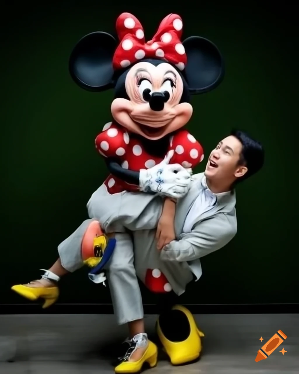 Young man asking minnie mouse mascot to sit on her lap in bright room ...