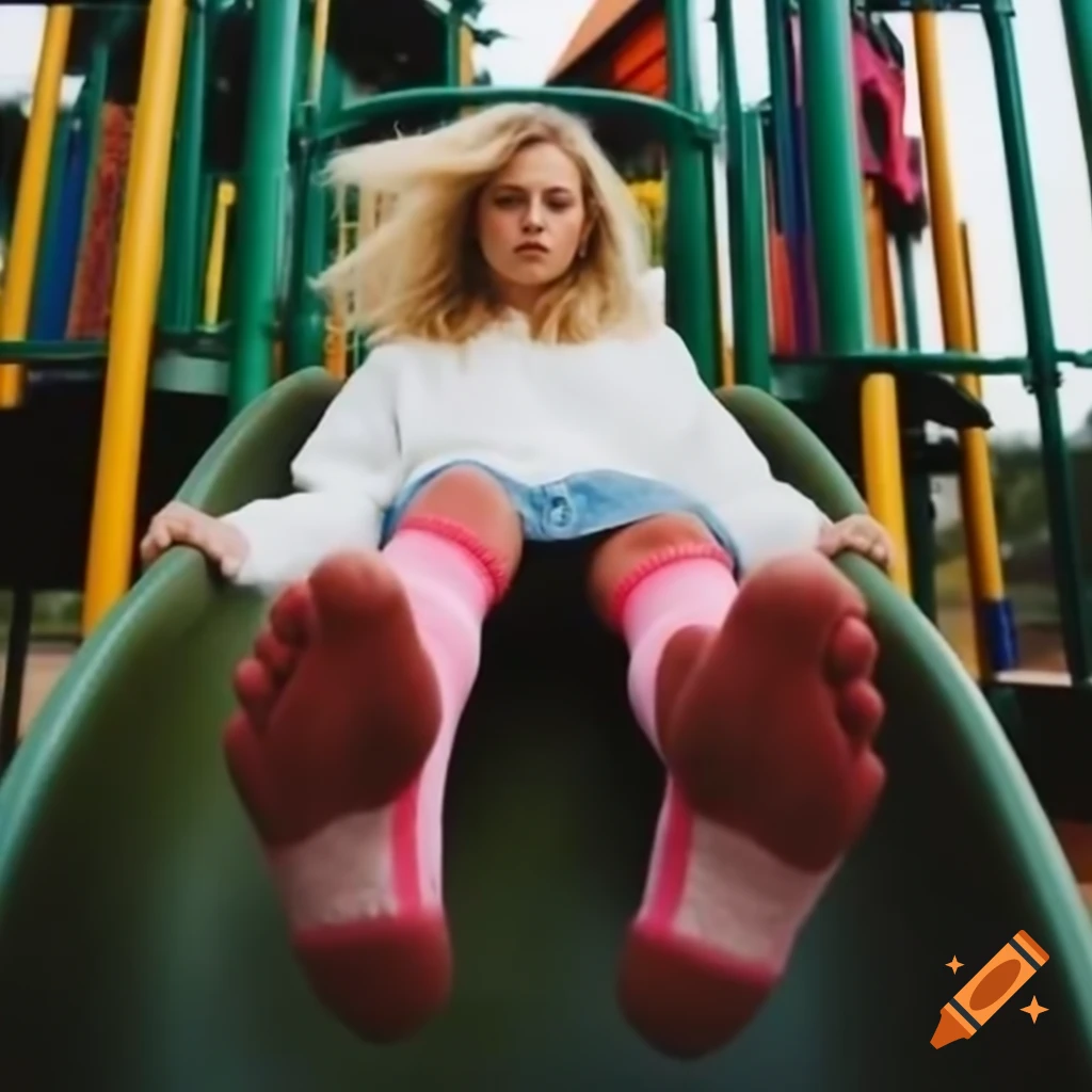 Woman with blonde braids swinging on playground, showing pink socks on Craiyon