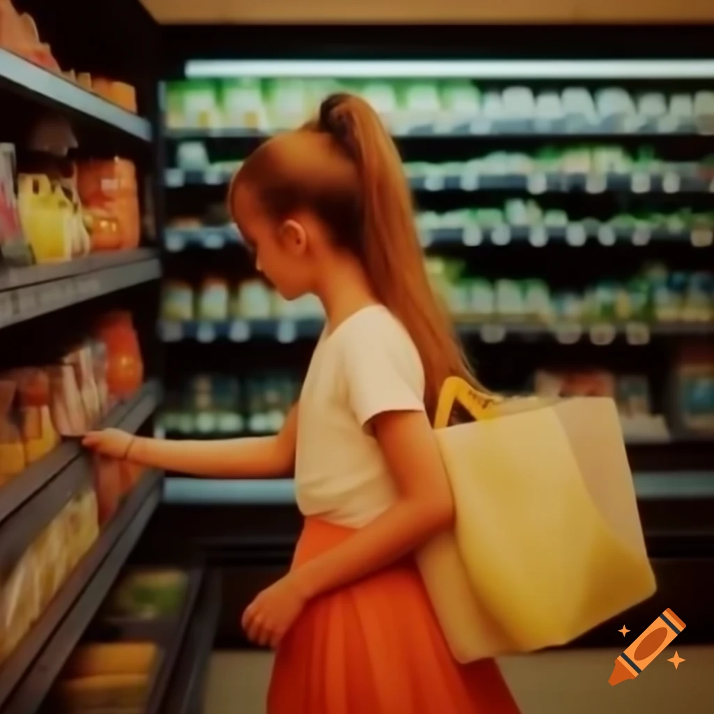 Girl with ponytail carrying grocery bag on Craiyon