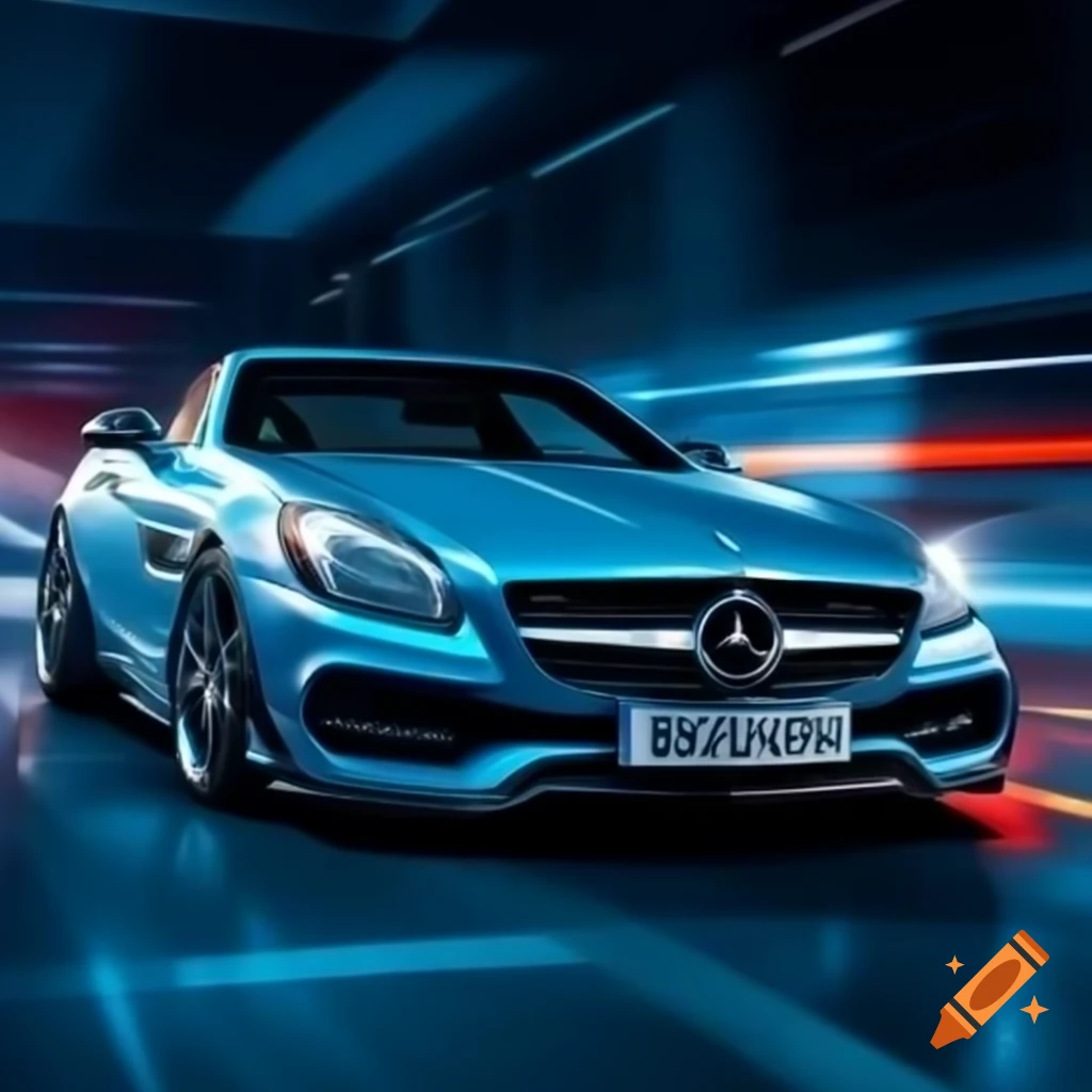 Light blue metallic Mercedes SLK R171 convertible in dynamic motion ...