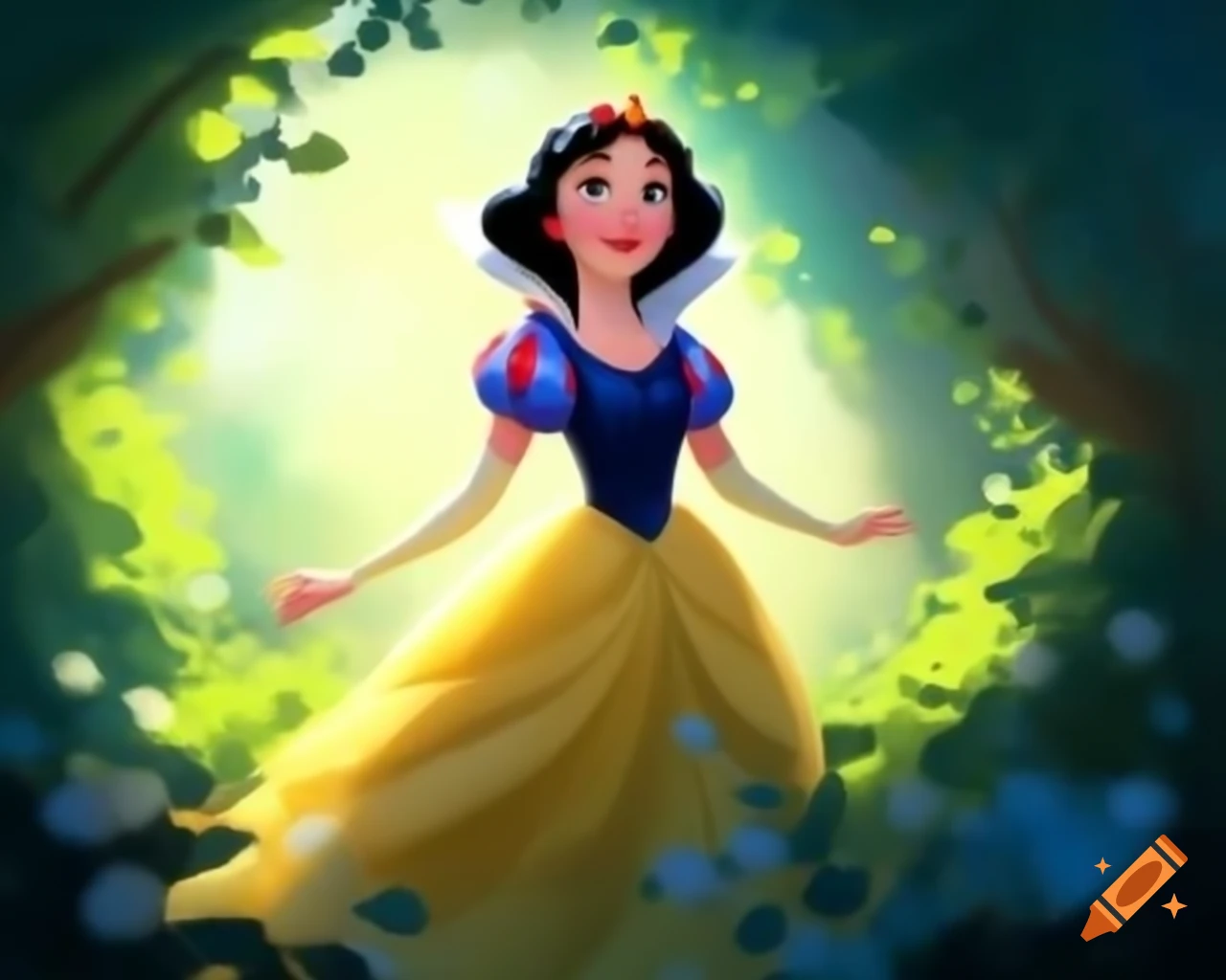 Snow White princess in blue and yellow gown standing in a lush garden ...