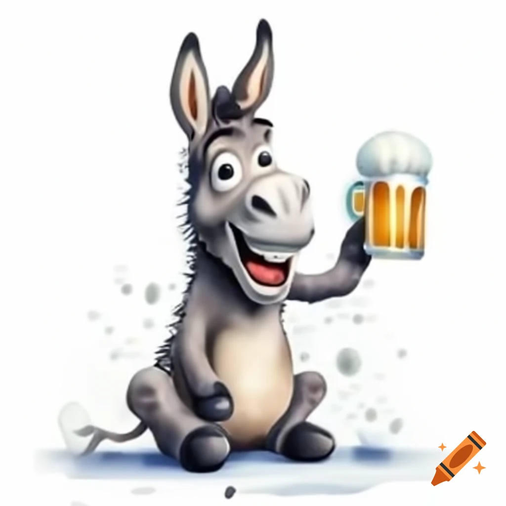 Cheerful donkey raising frosty beer in playful toast on Craiyon