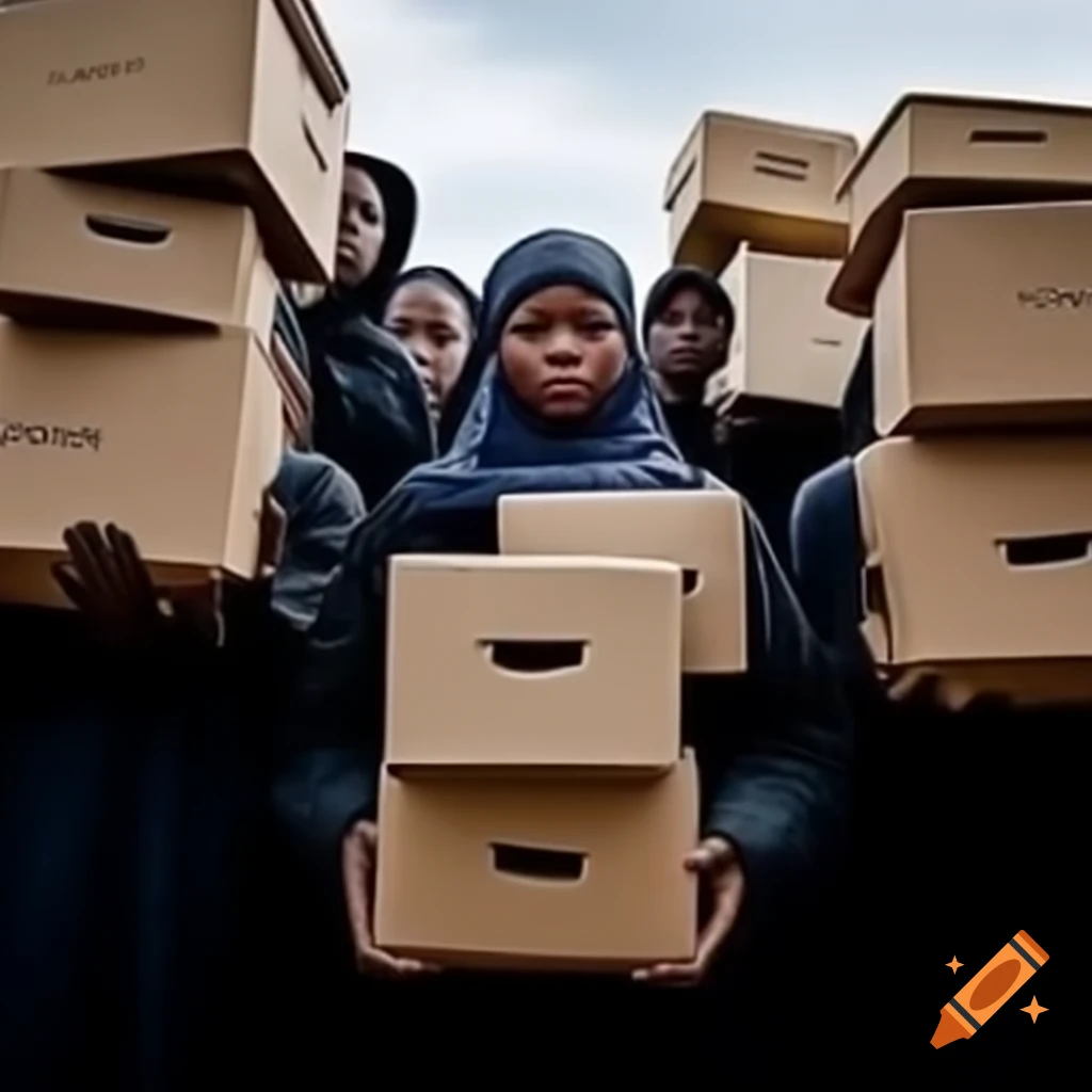 Group of people dressed in burglar costumes holding amazon boxes on Craiyon