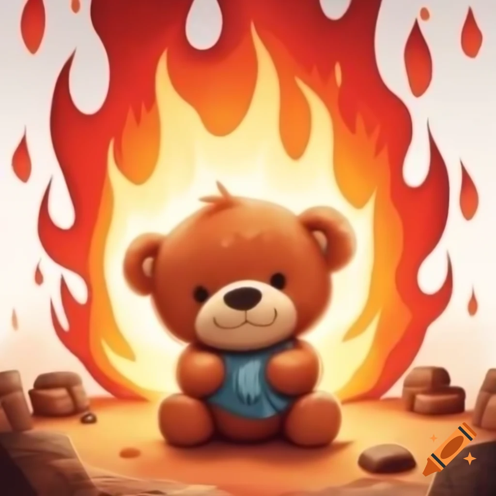 Lined drawing of a teddy bear in flames on Craiyon