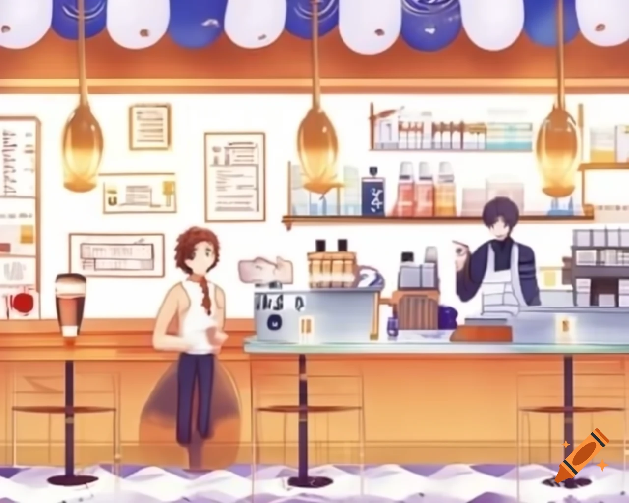 Cartoon style coffee shop background with anime characters enjoying ...