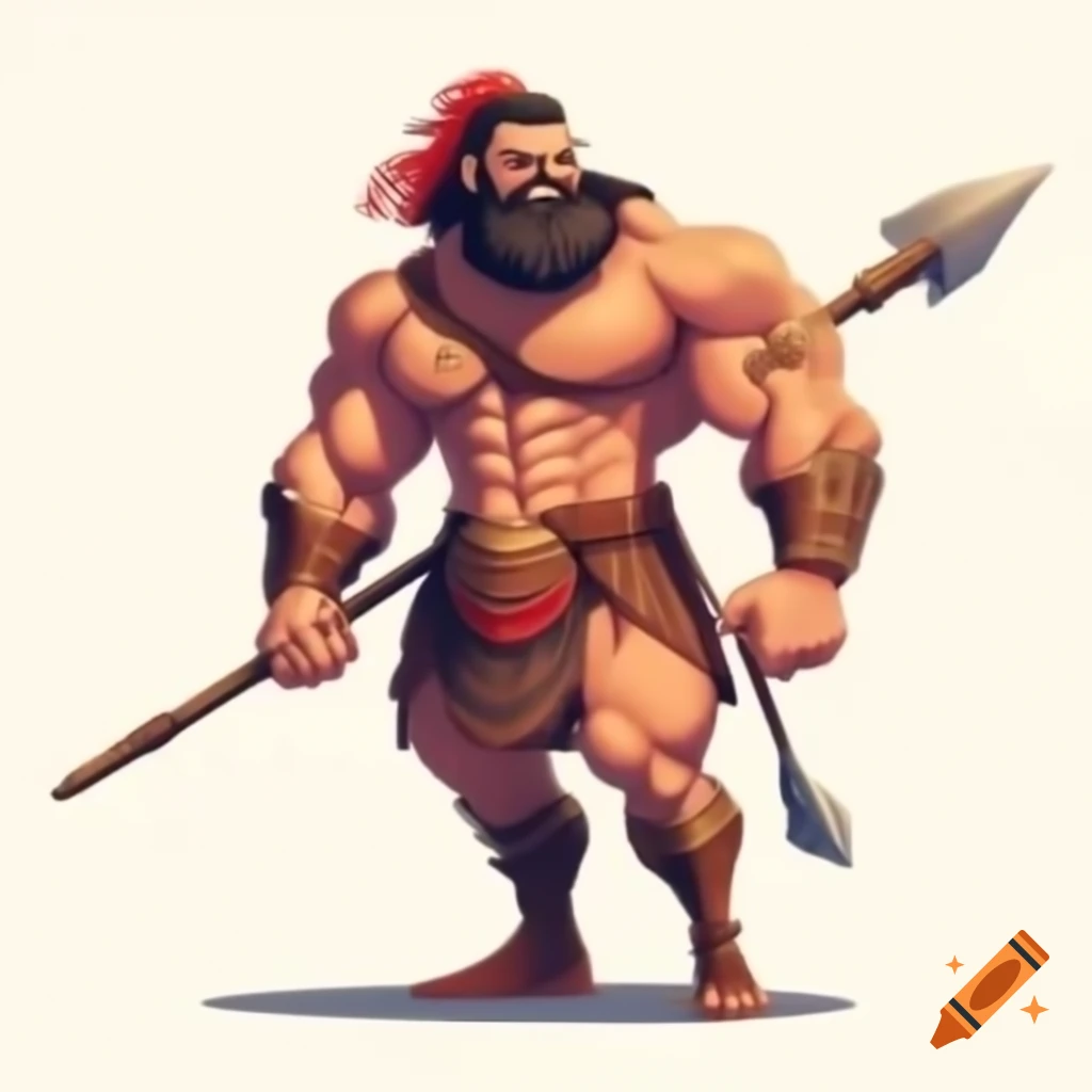 Muscular warrior holding spear in a strong pose on Craiyon