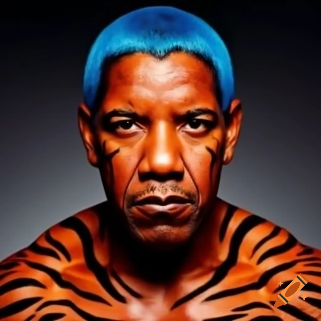 Muscular character with tiger-style makeup featuring blue hair and ...