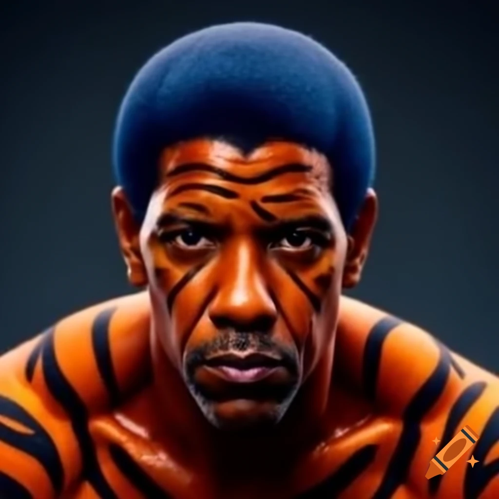 Muscular man with tiger-style makeup featuring blue hair, orange skin ...