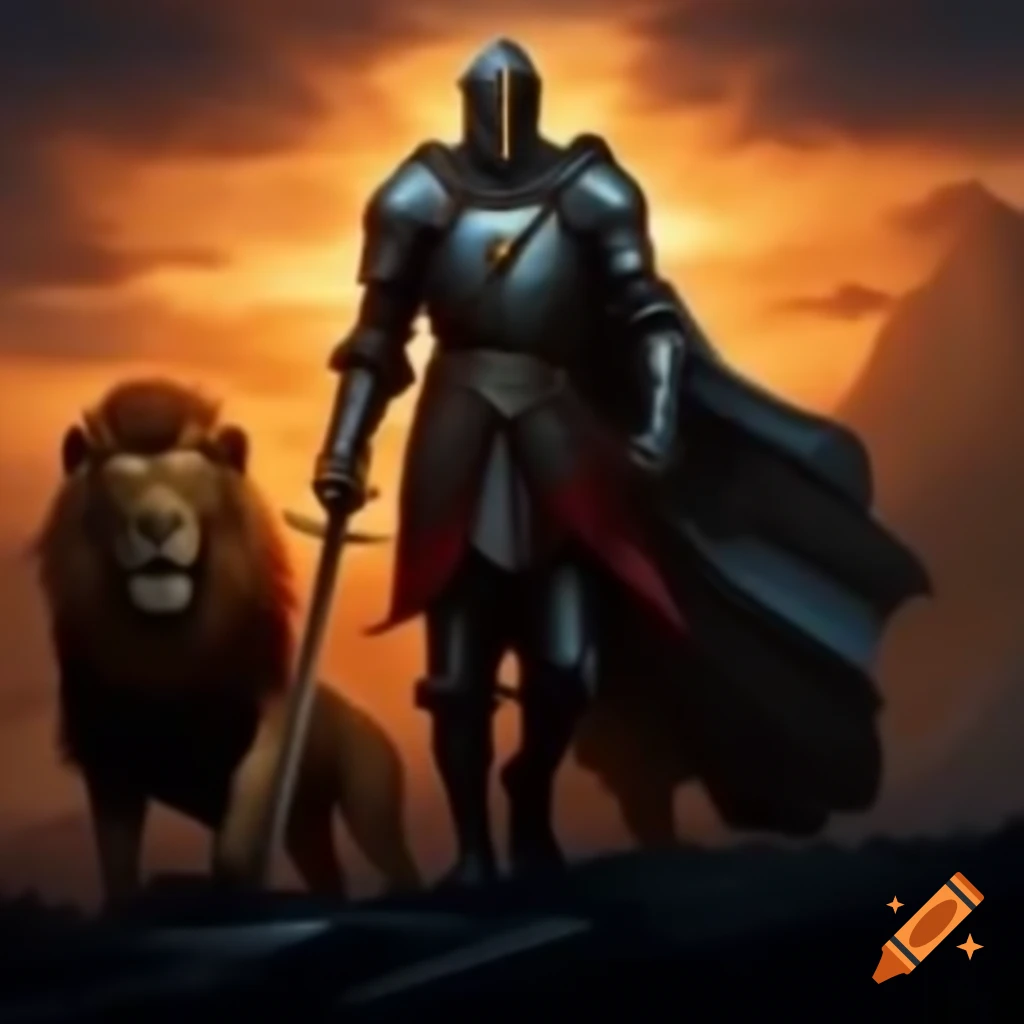 Knight in armor standing next to roaring lion with cross silhouette at ...